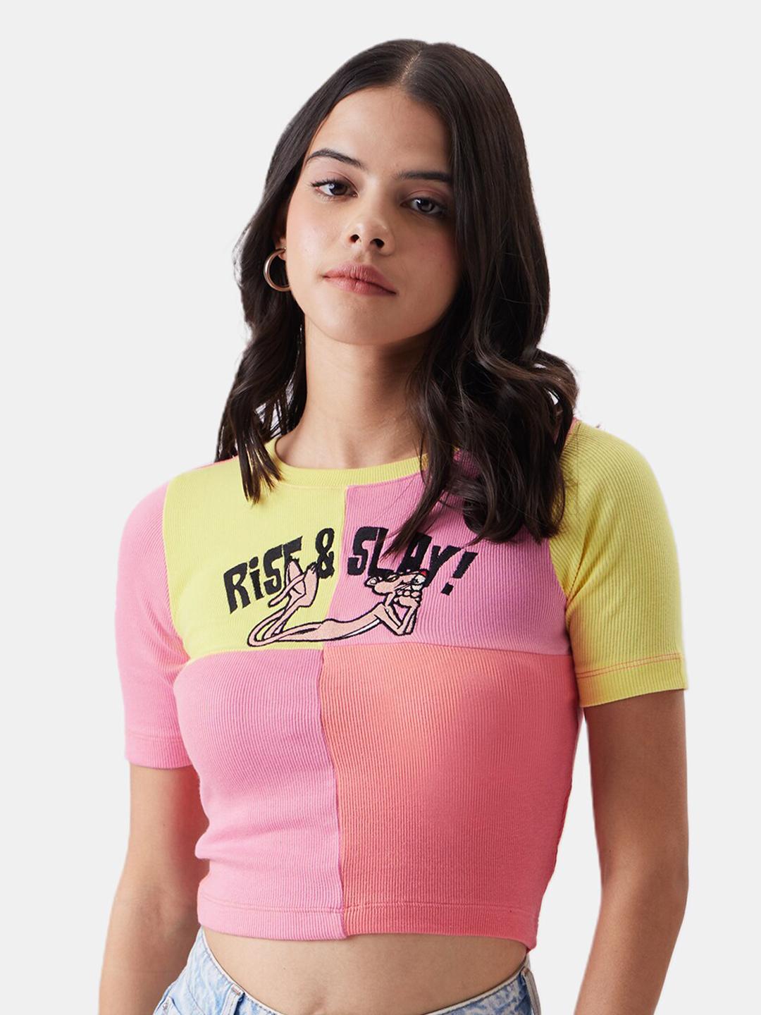 Buy The Souled Store Peach Coloured Colourblocked Fitted Crop Top ...