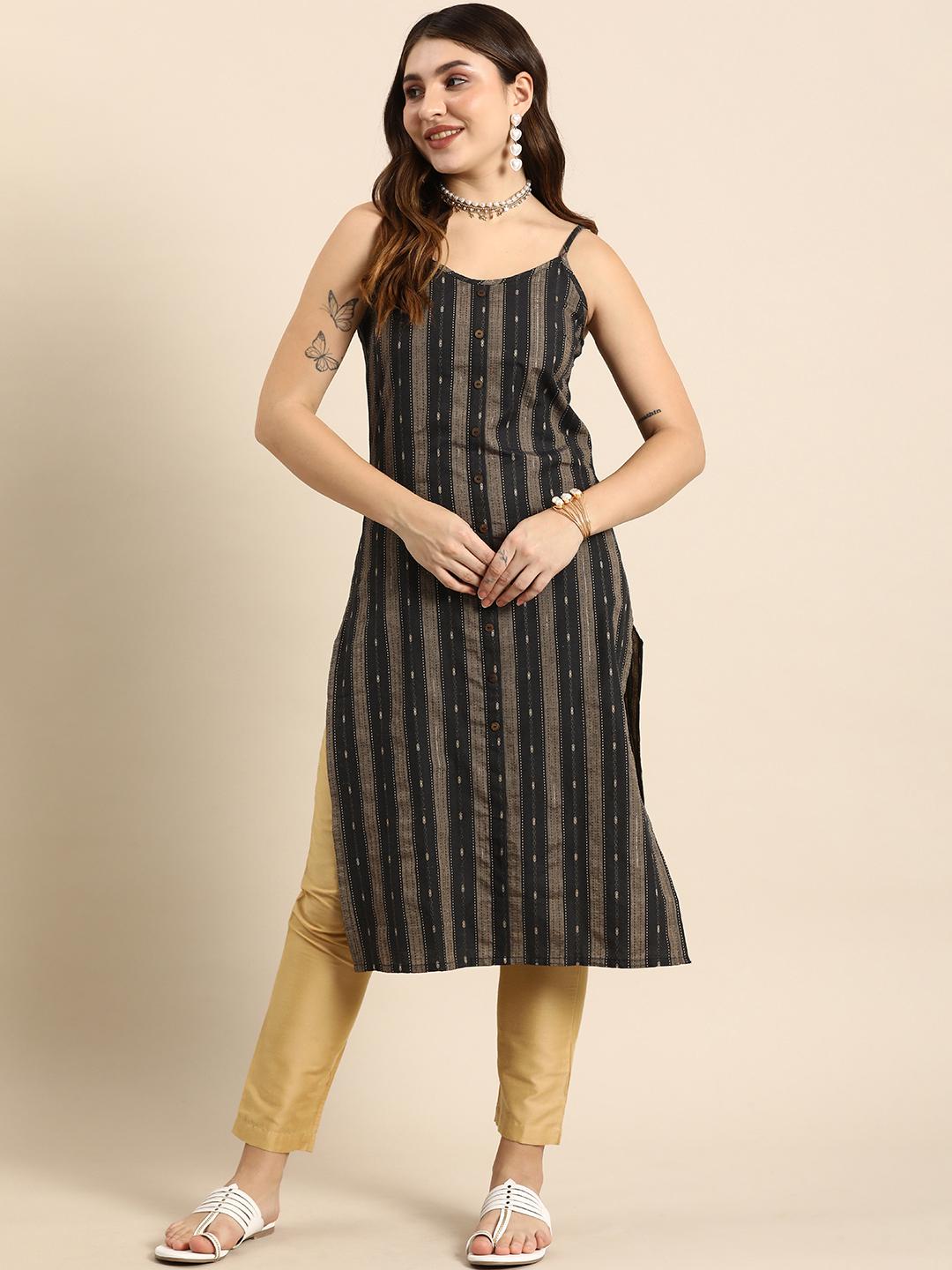 Buy Anouk Shoulder Straps Striped Woven Design Kurta - Kurtas for Women ...