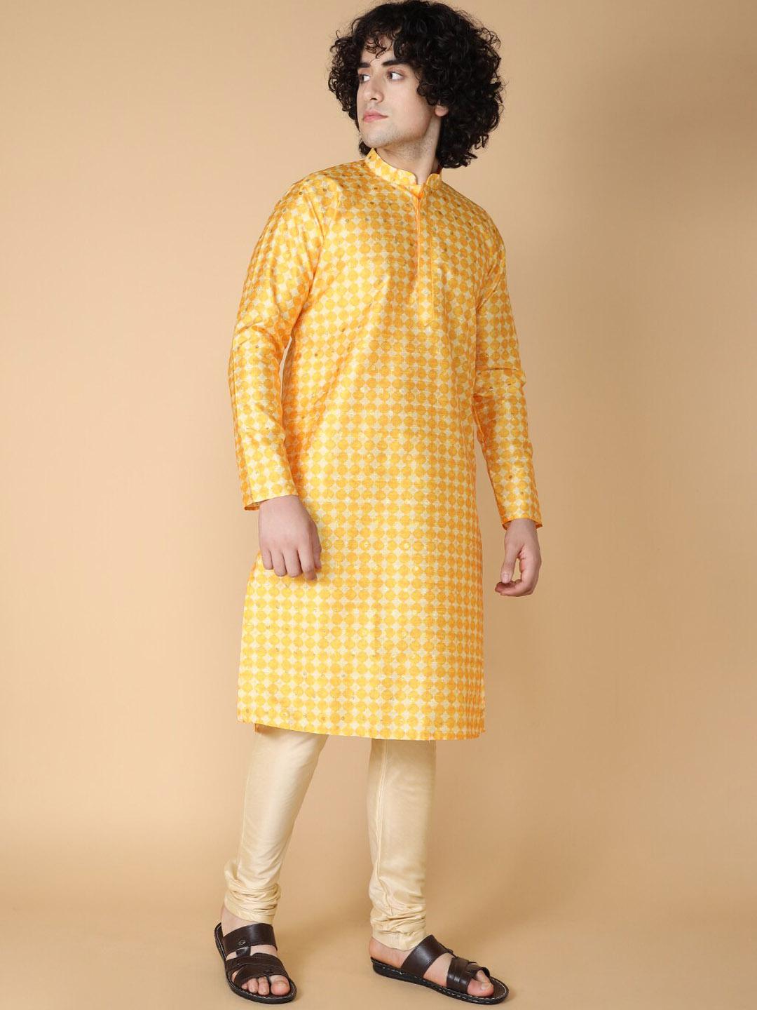 Buy NAMASKAR Men Yellow Printed Regular Pure Silk Kurta With Churidar ...