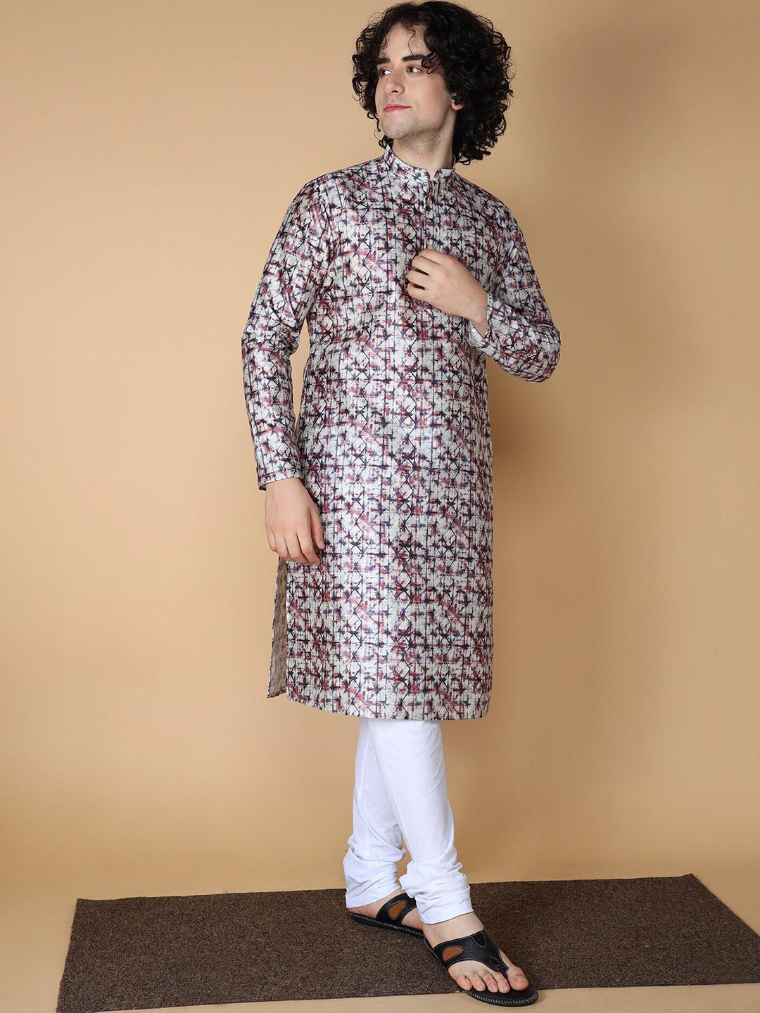 Buy NAMASKAR Men Off White Printed Regular Pure Silk Kurta With ...