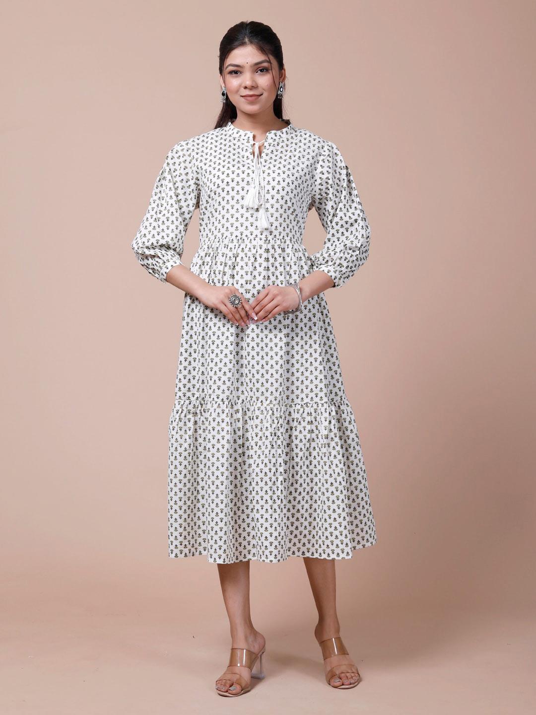 Buy DESI BEATS Floral Printed Puff Sleeves Gathered Fit & Flare Midi ...