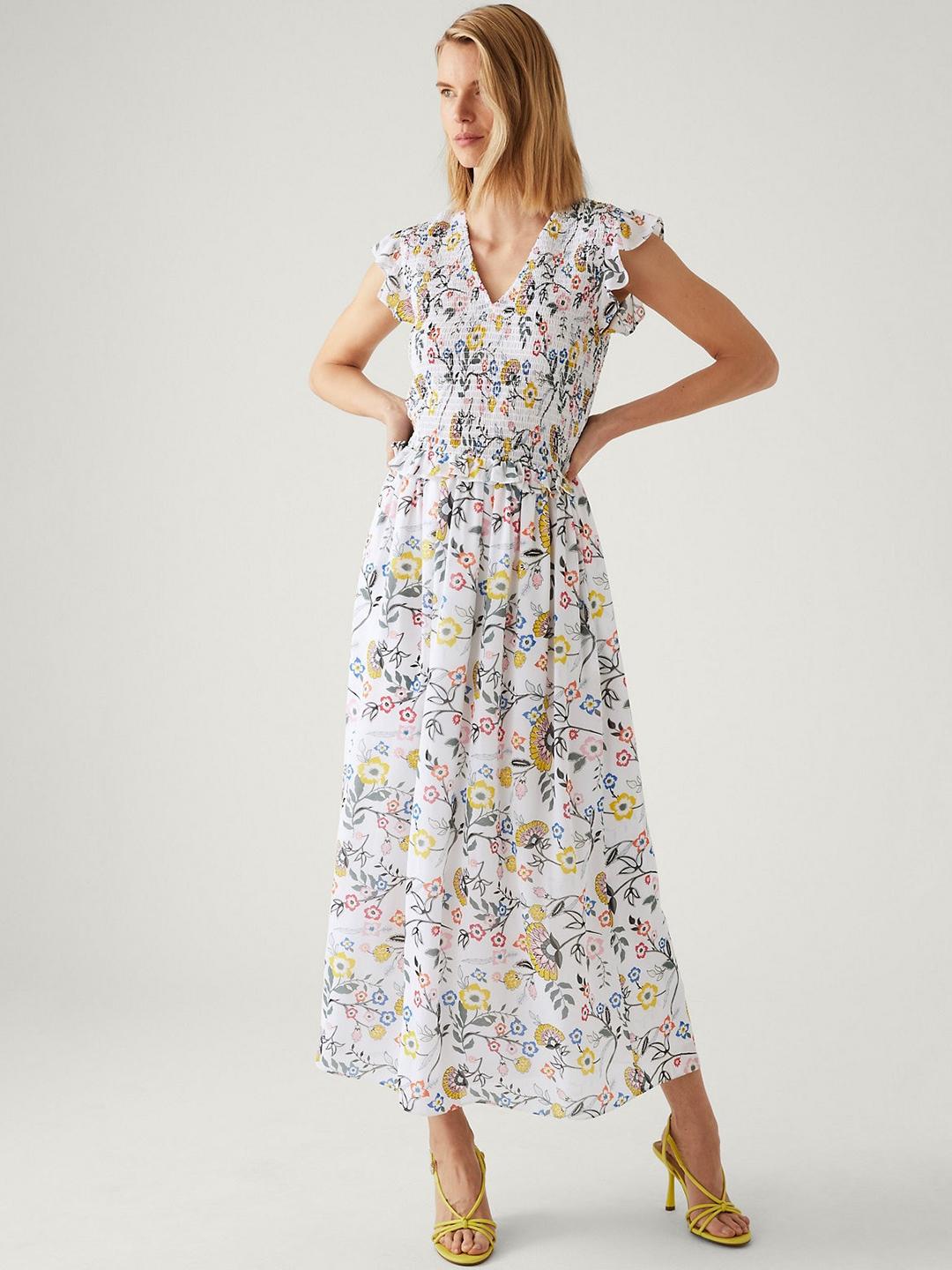 Buy Marks & Spencer Floral Printed Cap Sleeves Smocked A Line Dress ...