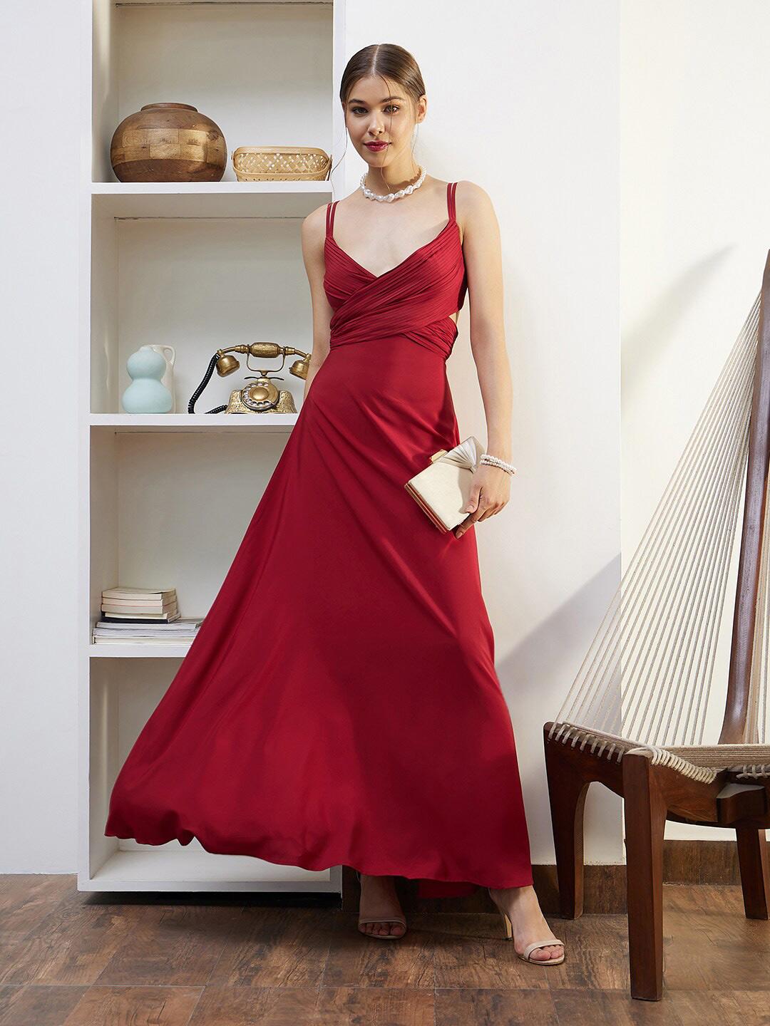Buy Berrylush Red V Neck Shoulder Straps Cut Outs Maxi Dress - Dresses ...
