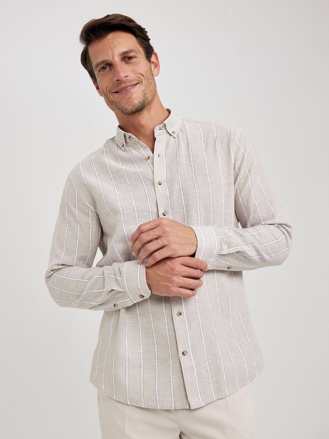 Buy DeFacto Vertical Striped Button Down Collar Linen Cotton Casual ...