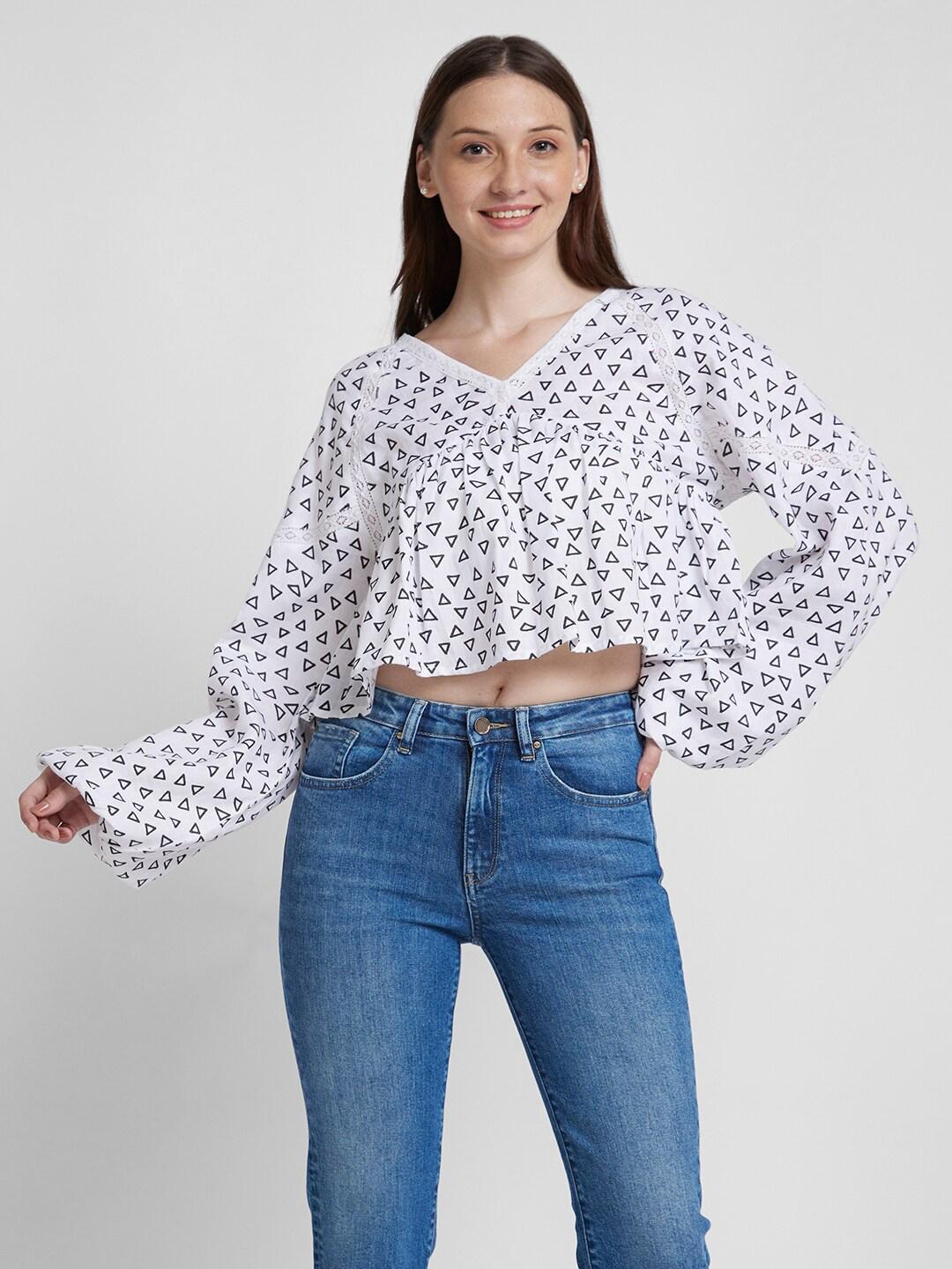 Buy SPYKAR Geometric Printed V Neck Flared Sleeve Lace Inserts Cotton ...
