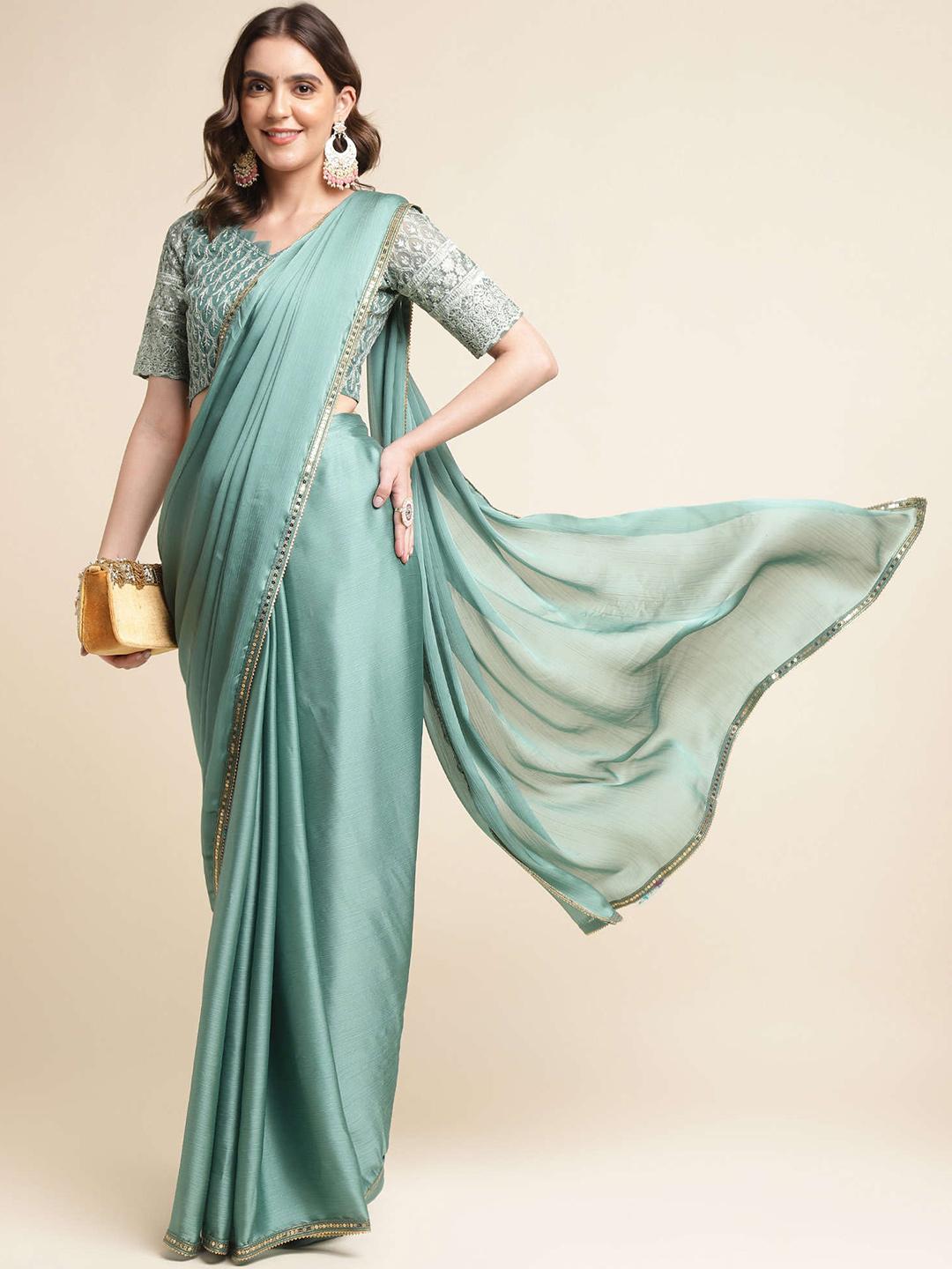 Buy Mitera Sea Green Embellished Border Satin Chiffon Saree - Sarees ...