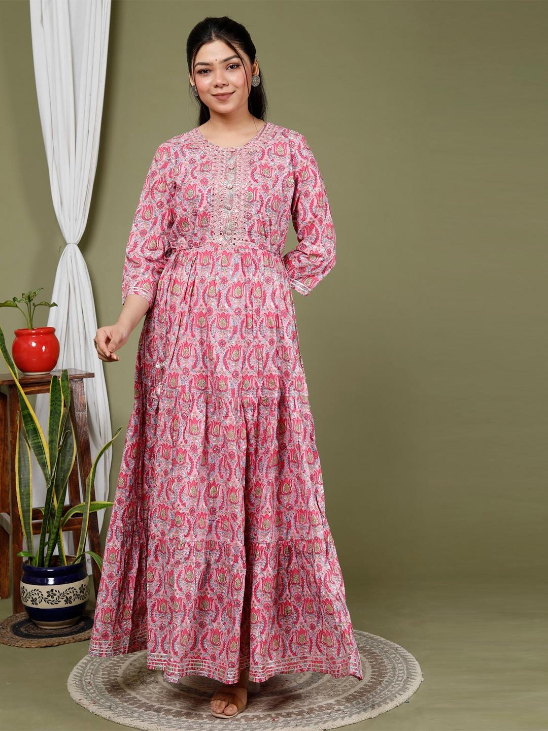 Buy Swasti Floral Printed Round Neck Embellished Pure Cotton Fit ...