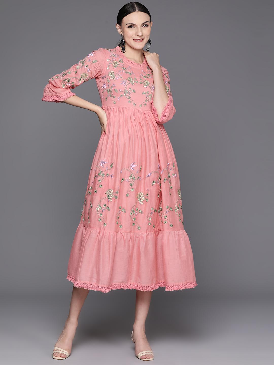 Buy Indo Era Floral Embroidered Puff Sleeves A Line Midi Ethnic Dress ...