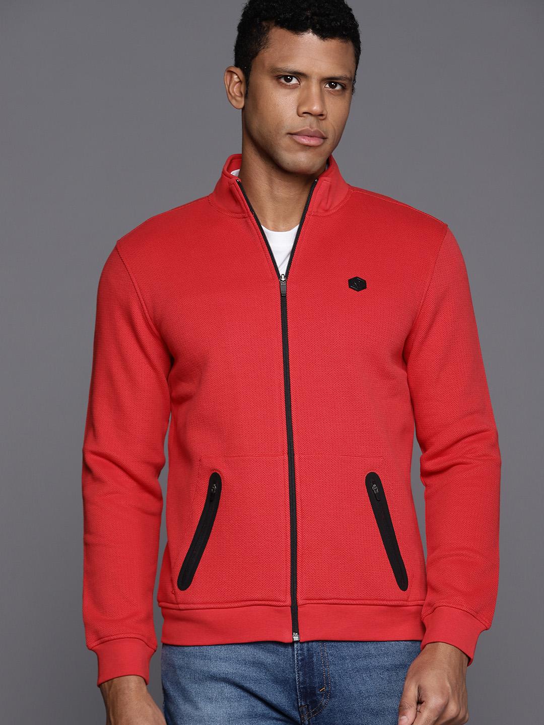 Buy Allen Solly Solid Mock Collar Zippered Kangaroo Pocket Front Open ...