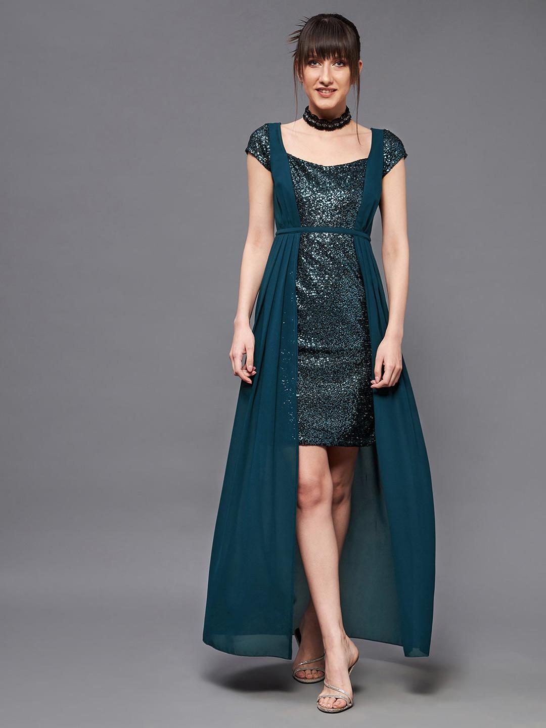 Buy Miss Chase Teal Embellished Sweetheart Neck Layered Georgette ...