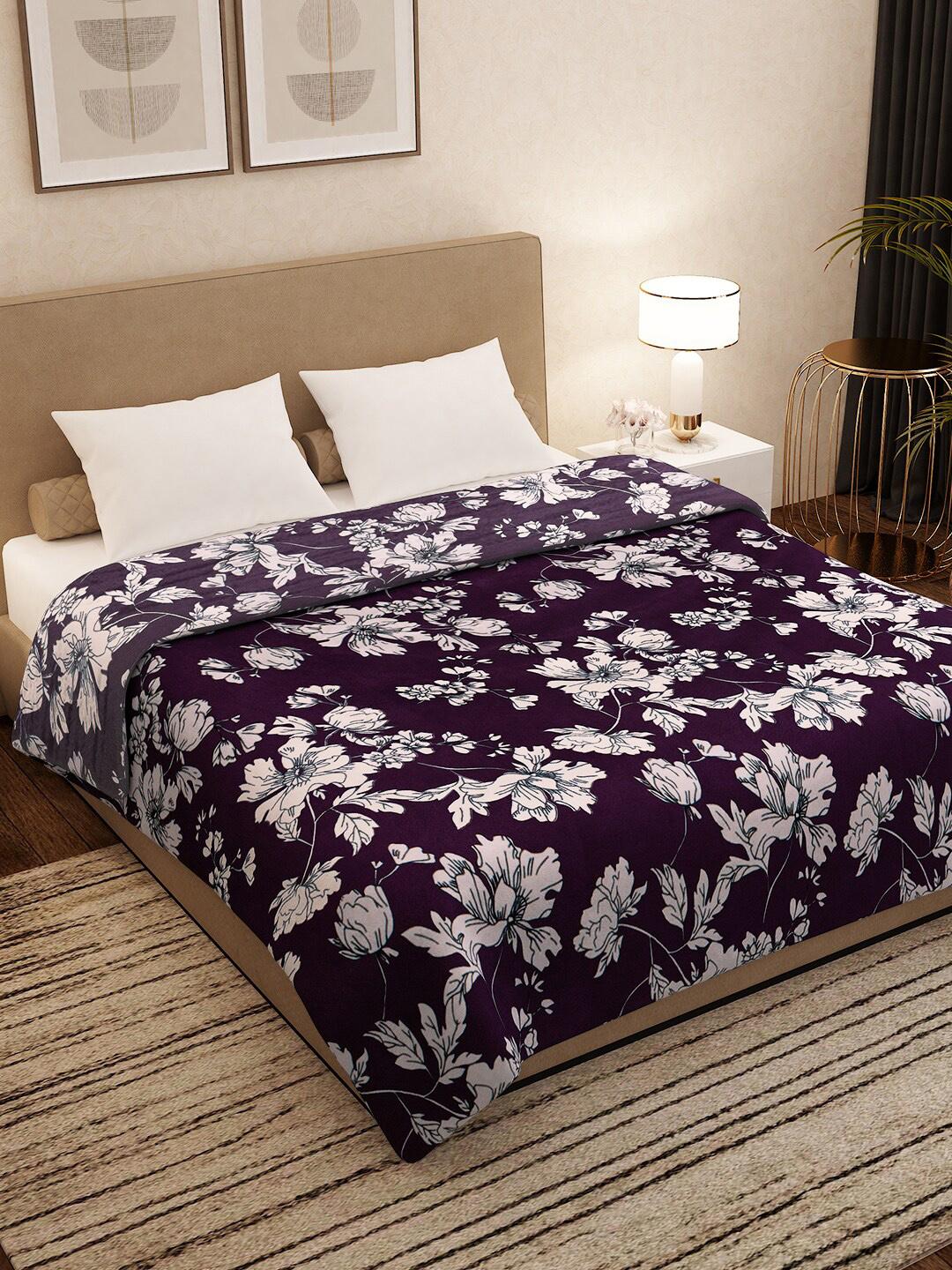 Buy Story@home Purple & White Floral AC Room 300 GSM Double Bed Blanket ...