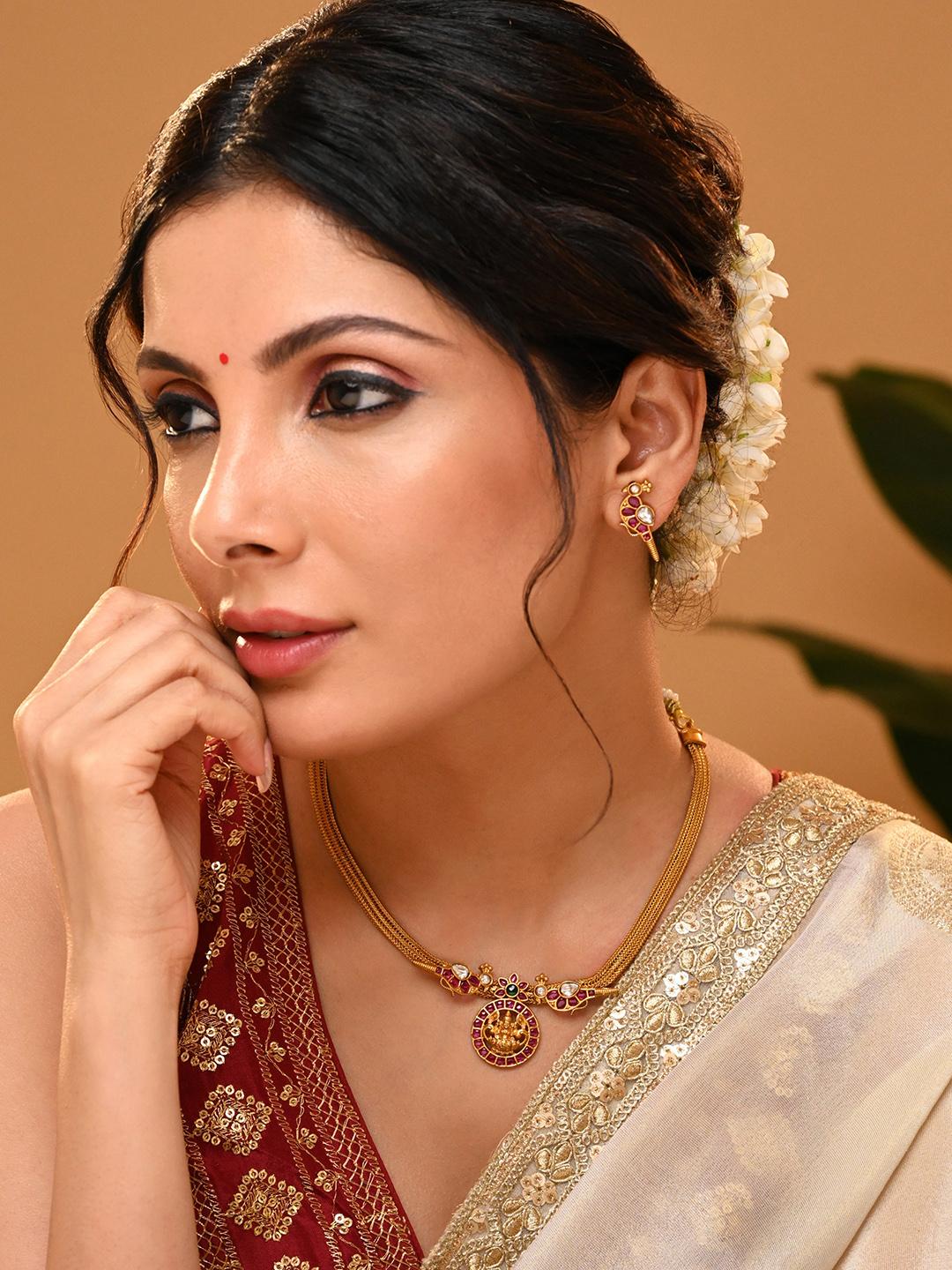 Buy Vriksham Stone Studded Brass Plated Temple Jewellery Set ...