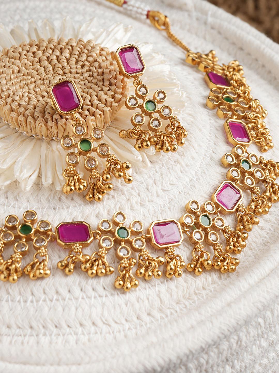 Buy Vriksham Brass Plated Stones Studded Necklace & Earrings Set ...