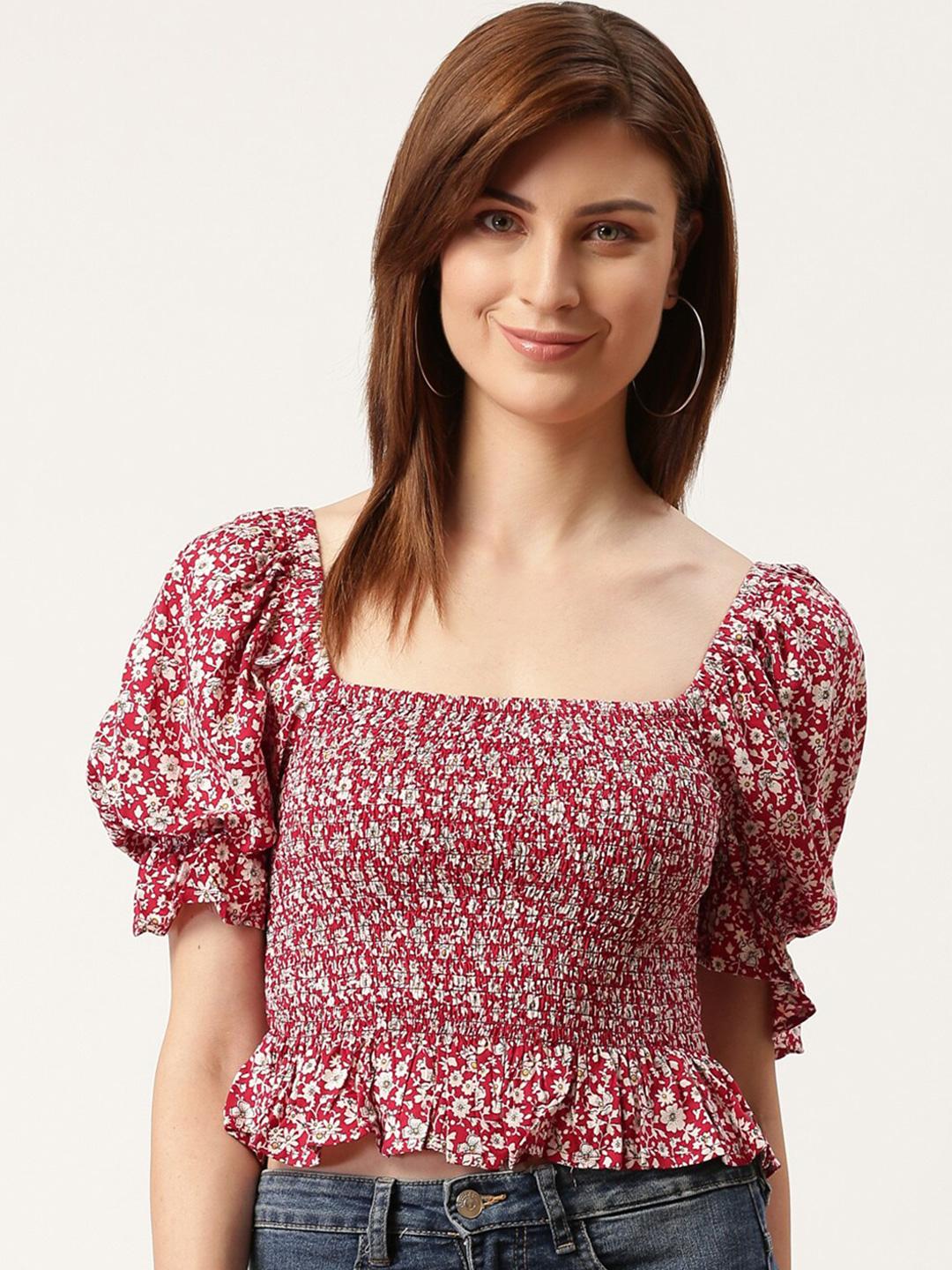 Buy Trend Arrest Red & White Floral Printed Smocked Detailed Puff ...
