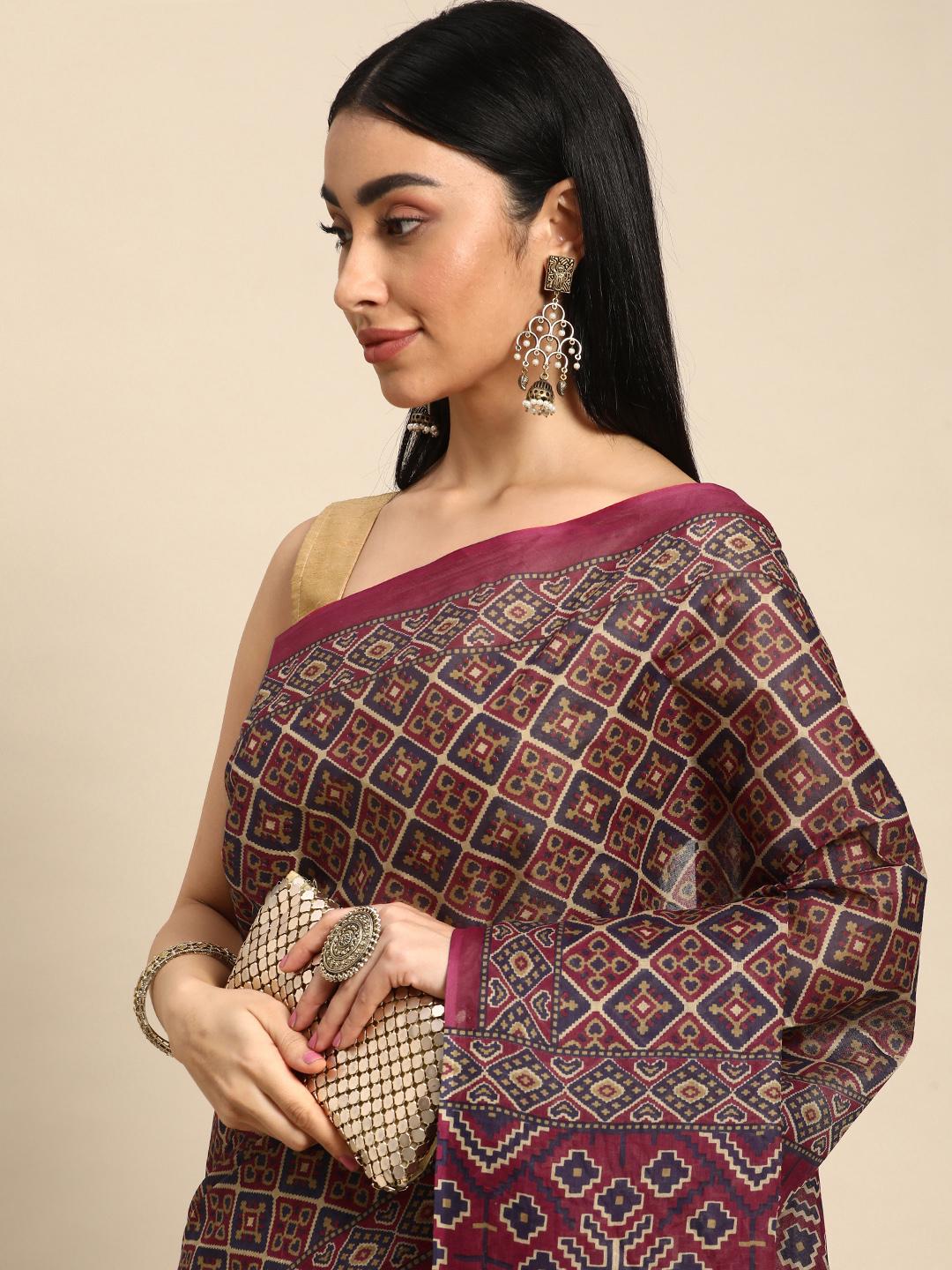 Buy SHANVIKA Ethnic Motifs Printed Pure Cotton Ikat Saree - Sarees for ...