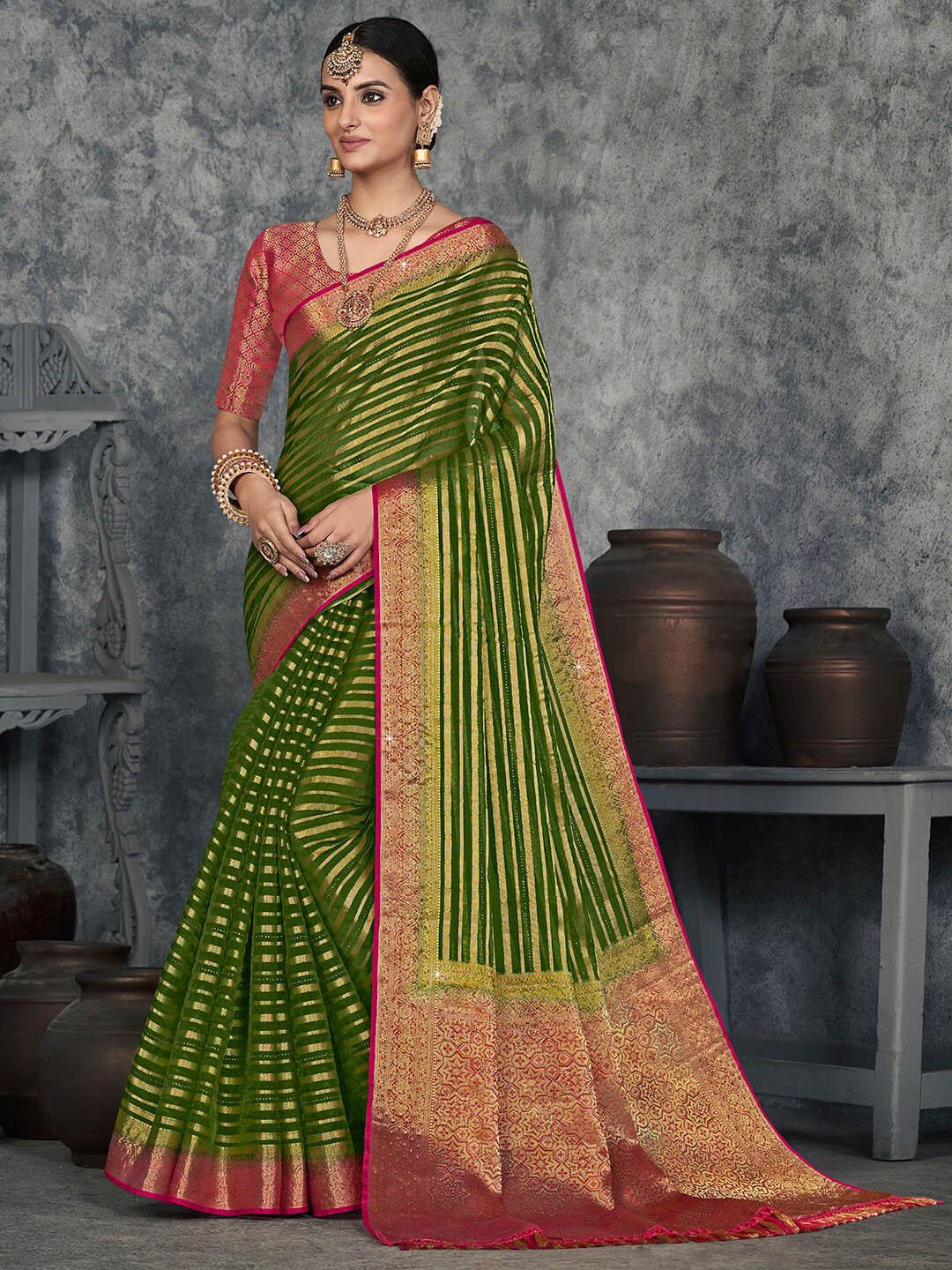 Buy Saree Mall Striped Woven Design Zari Organza Kanjeevaram Sarees ...