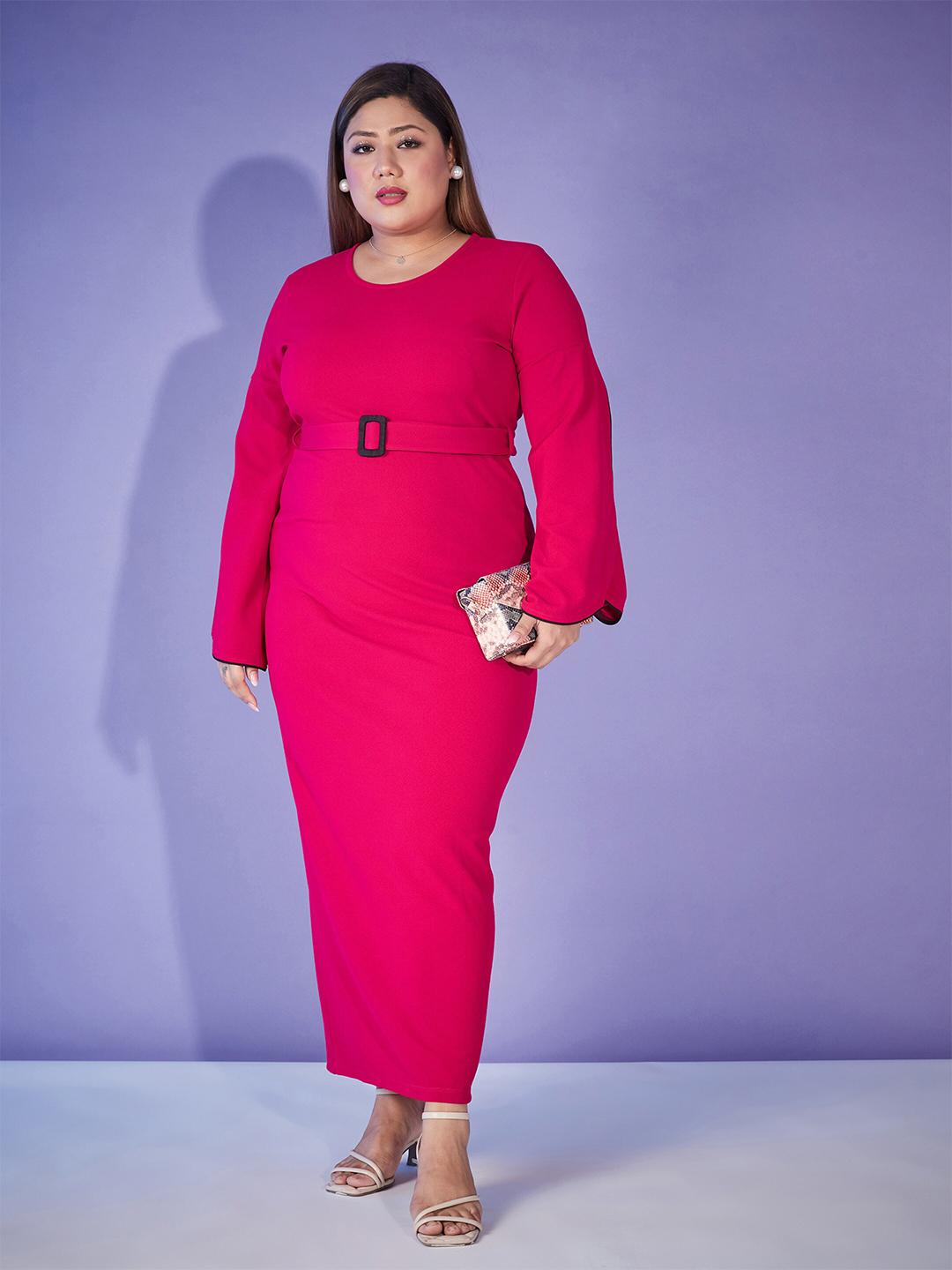 Buy SASSAFRAS Curve Plus Size Fuchsia Long Slit Sleeves Sheath Maxi ...