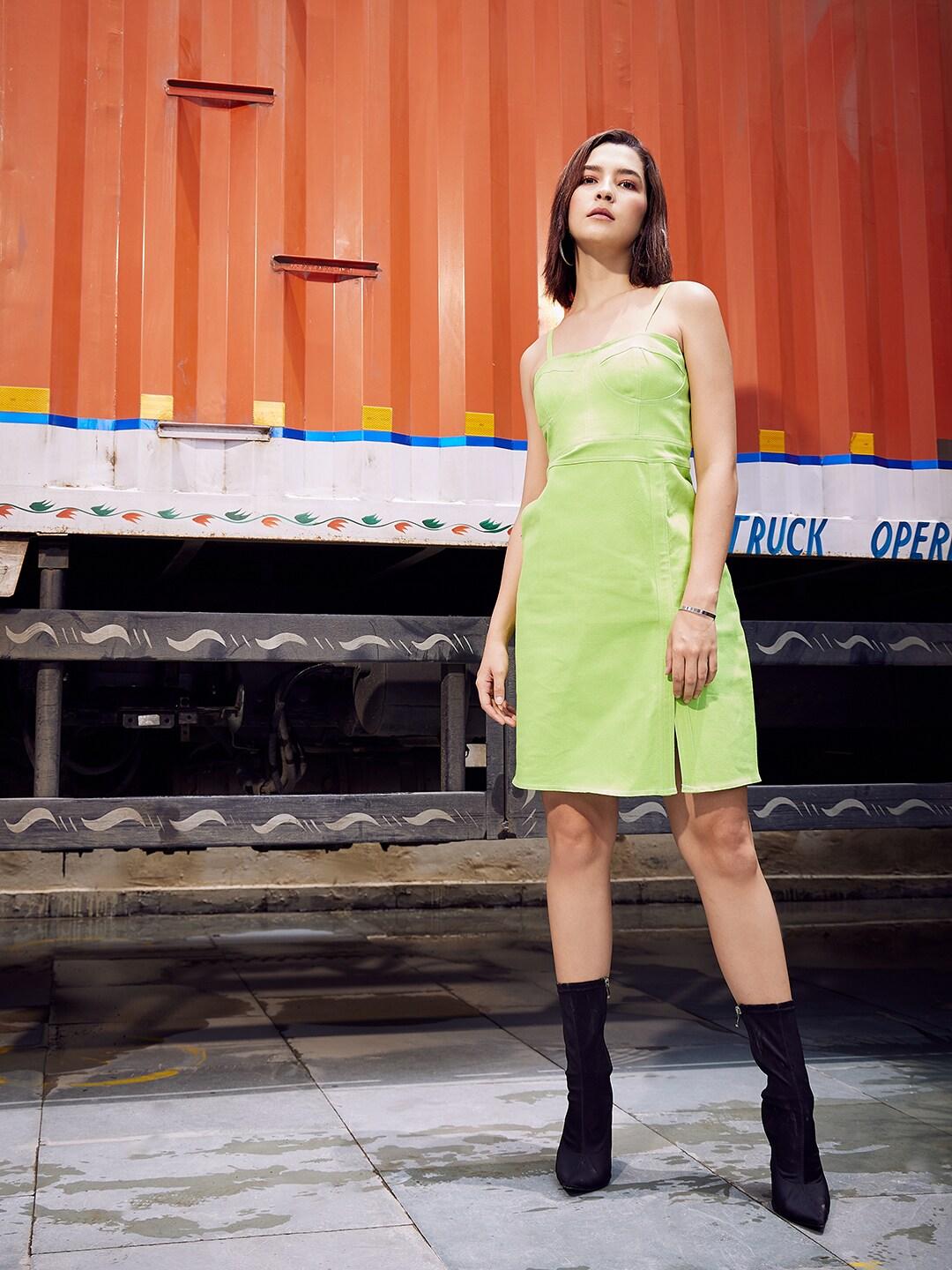Buy Athena Green Shoulder Straps Pure Cotton A Line Dress - Dresses for ...