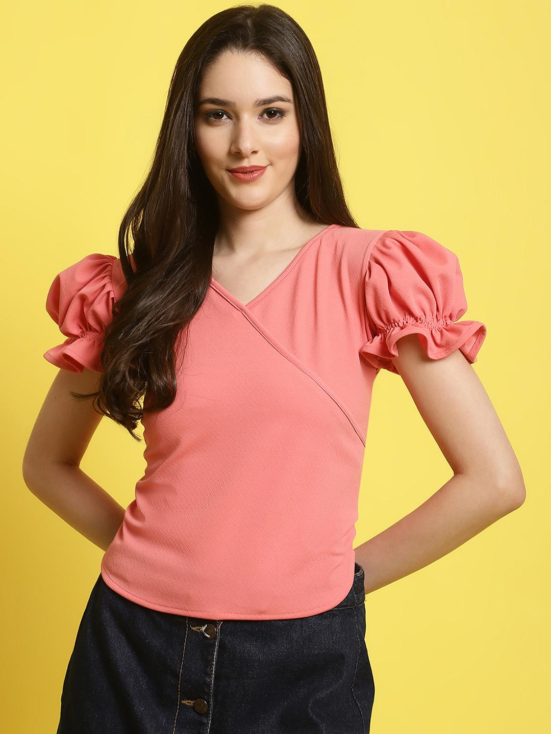 Buy Fabflee Women V Neck Puff Sleeve Peplum Polyester Top - Tops for ...