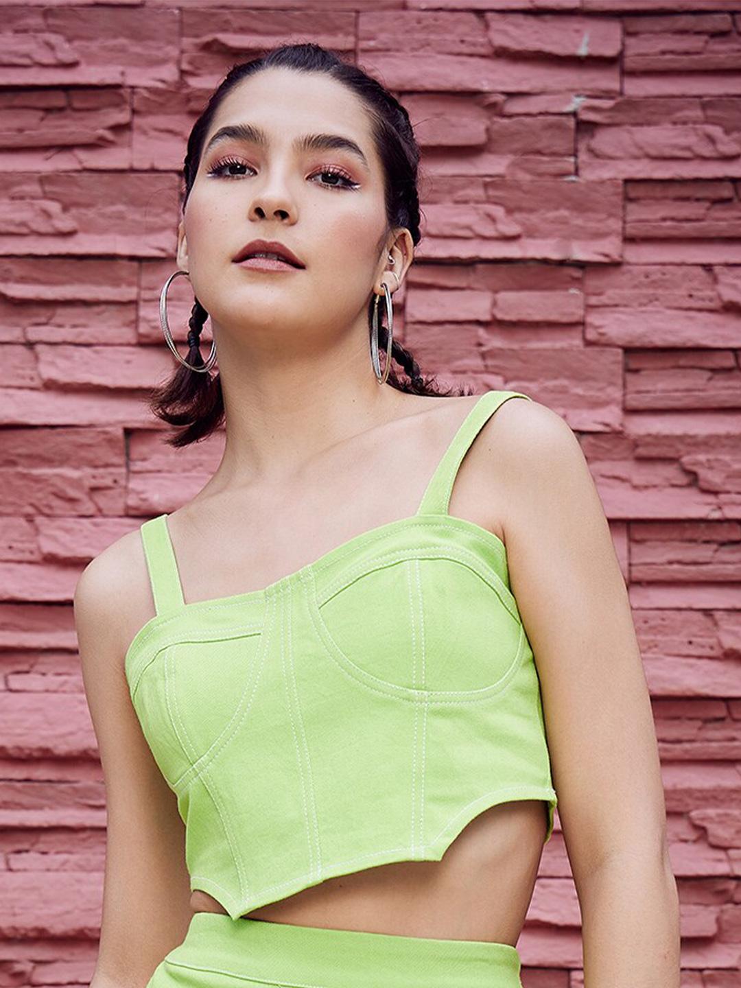 Buy Athena Green Shoulder Straps Cotton Canvas Fitted Crop Top - Tops ...