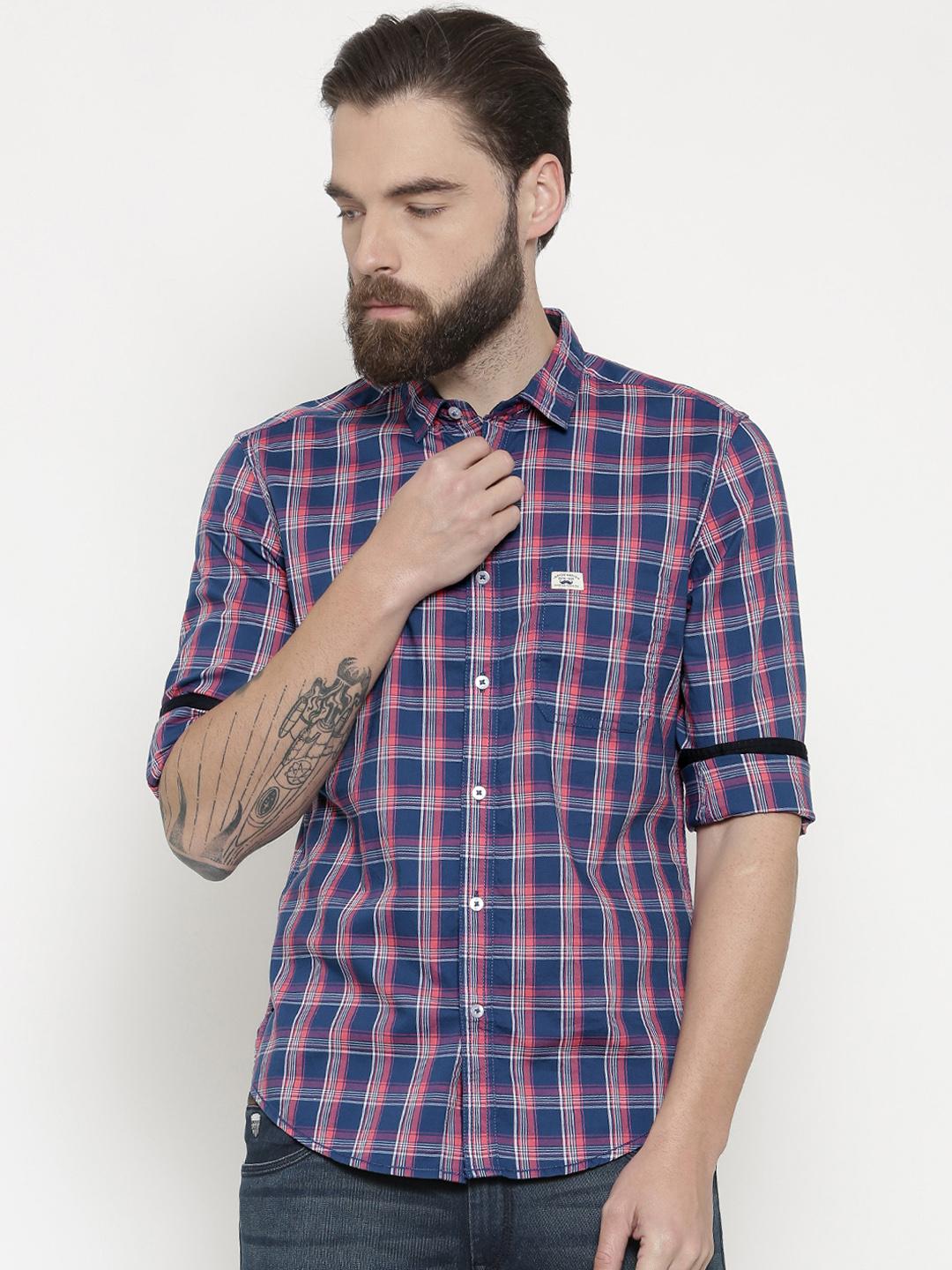 Buy Indigo Nation Men Blue & Pink Slim Fit Checked Casual Shirt ...