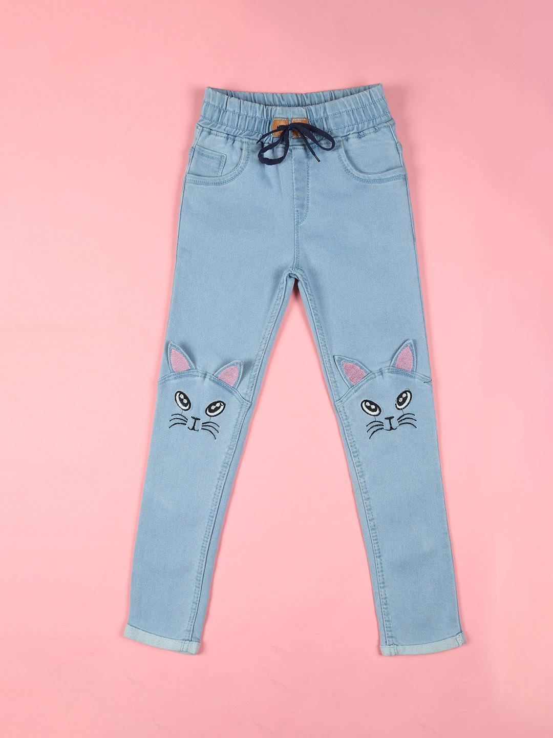 Buy F2M Kids Slim Fit High Rise Low Distress Light Fade Embroidered ...