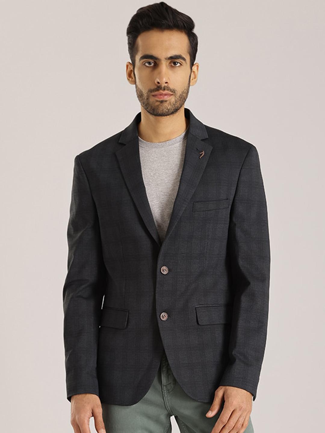 Buy Indian Terrain Checked Slim Fit Notched Lapel Single Breasted ...