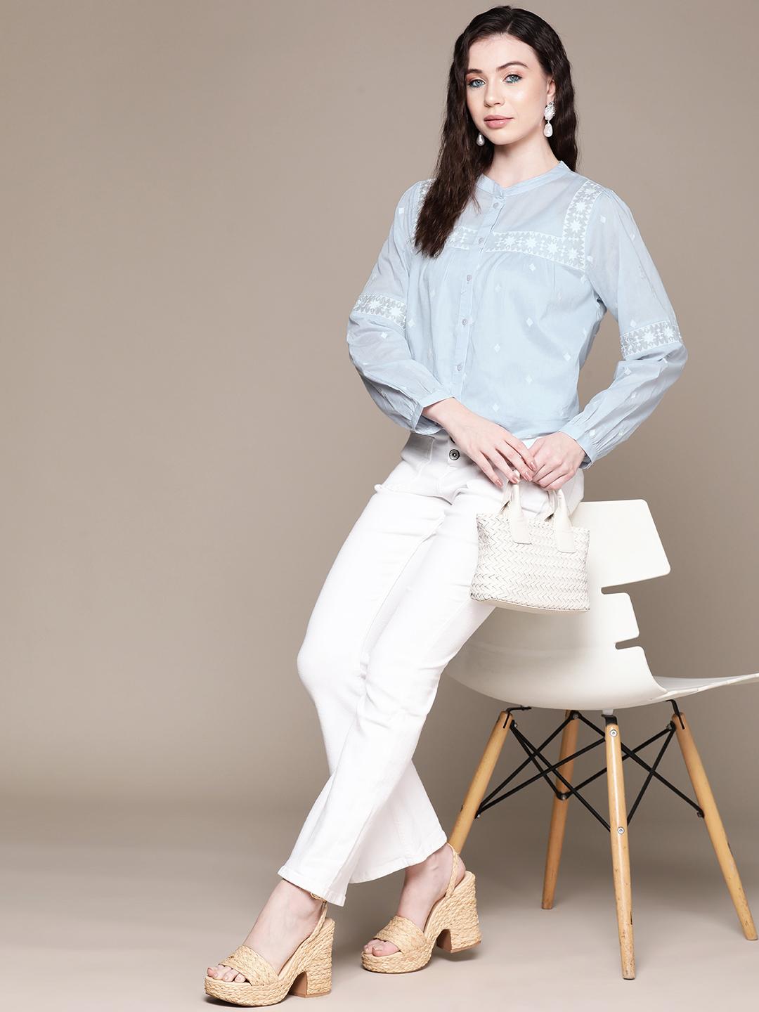 Buy Aarke Ritu Kumar Embroidered Puff Sleeves Shirt Style Longline Top ...