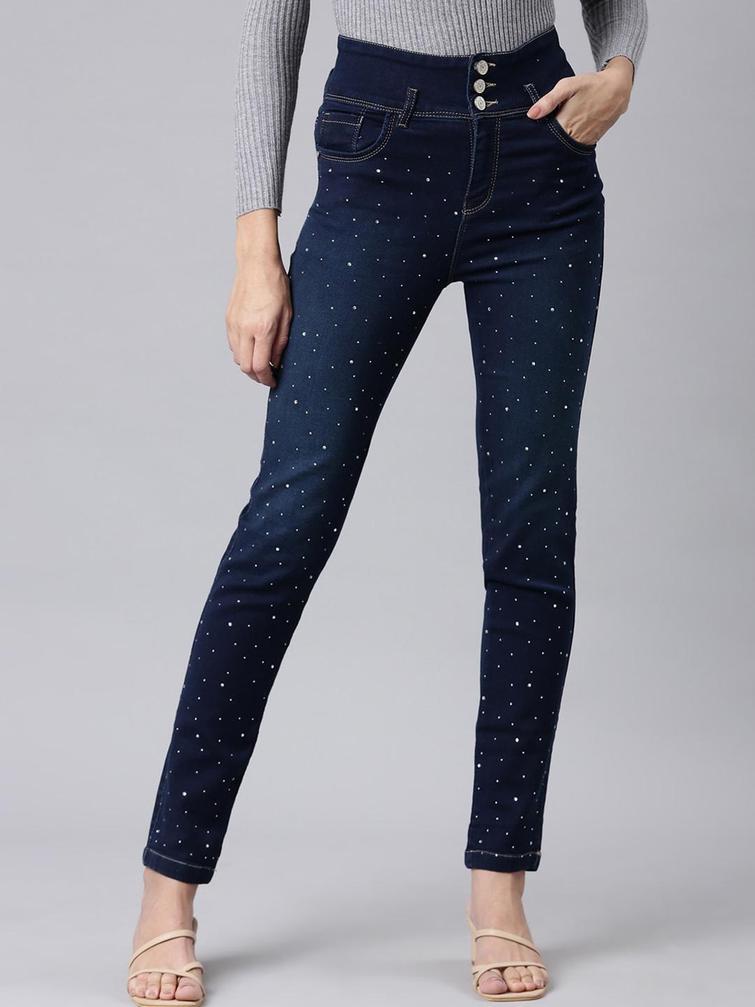 Buy SHOWOFF Women Jean Skinny Fit Light Fade Embellished Cotton Jeans ...