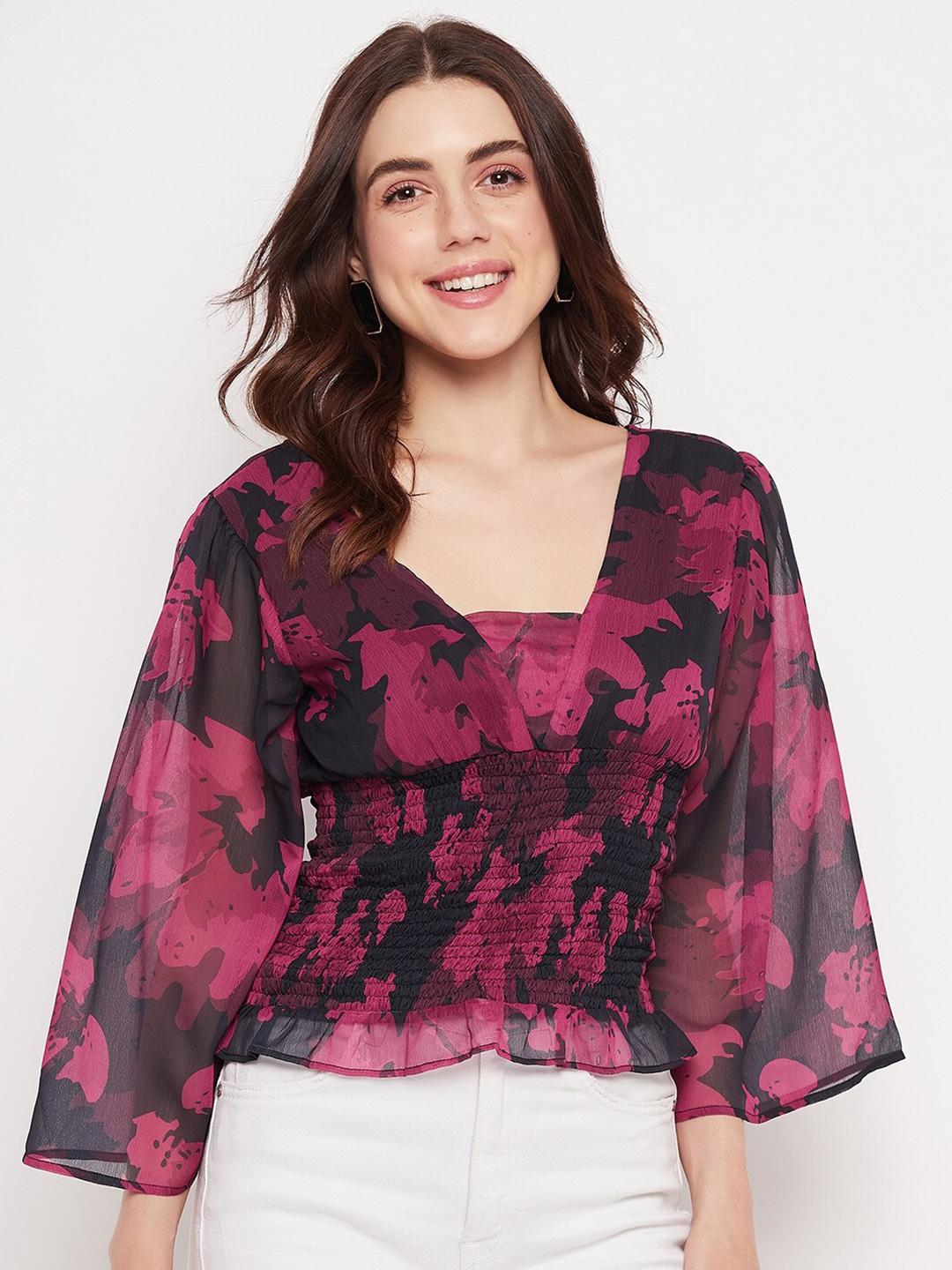 Buy DELAN Abstract Printed Flared Sleeve Smocked Top - Tops for Women ...