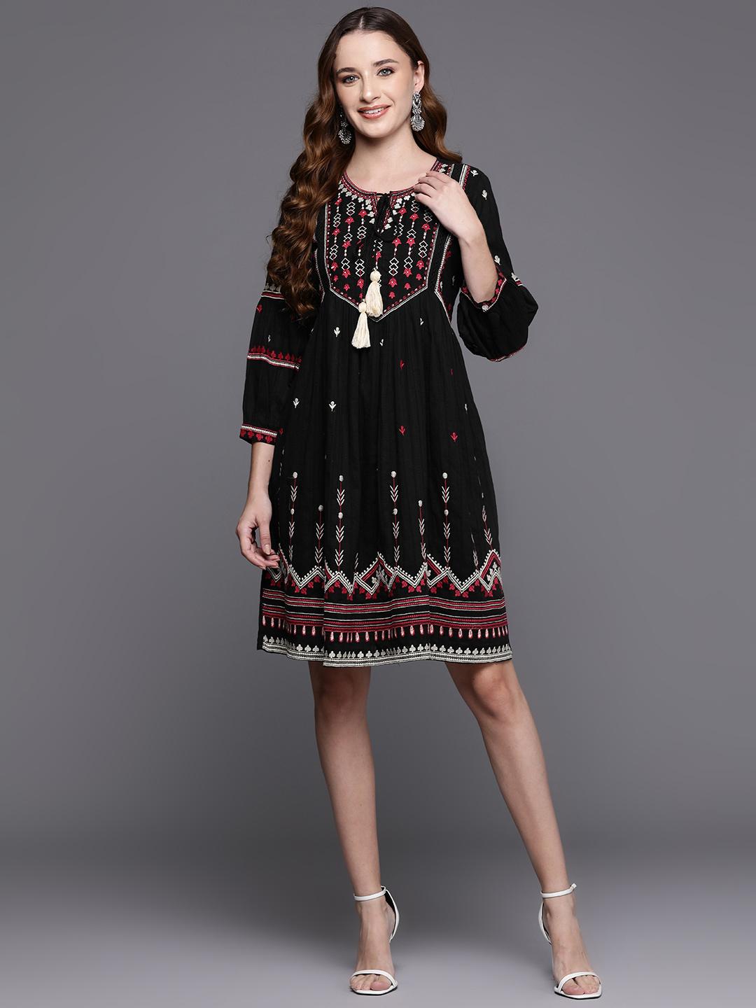 Buy Indo Bohemian Embroidered Tie Up Neck Puff Sleeves A Line Dress ...