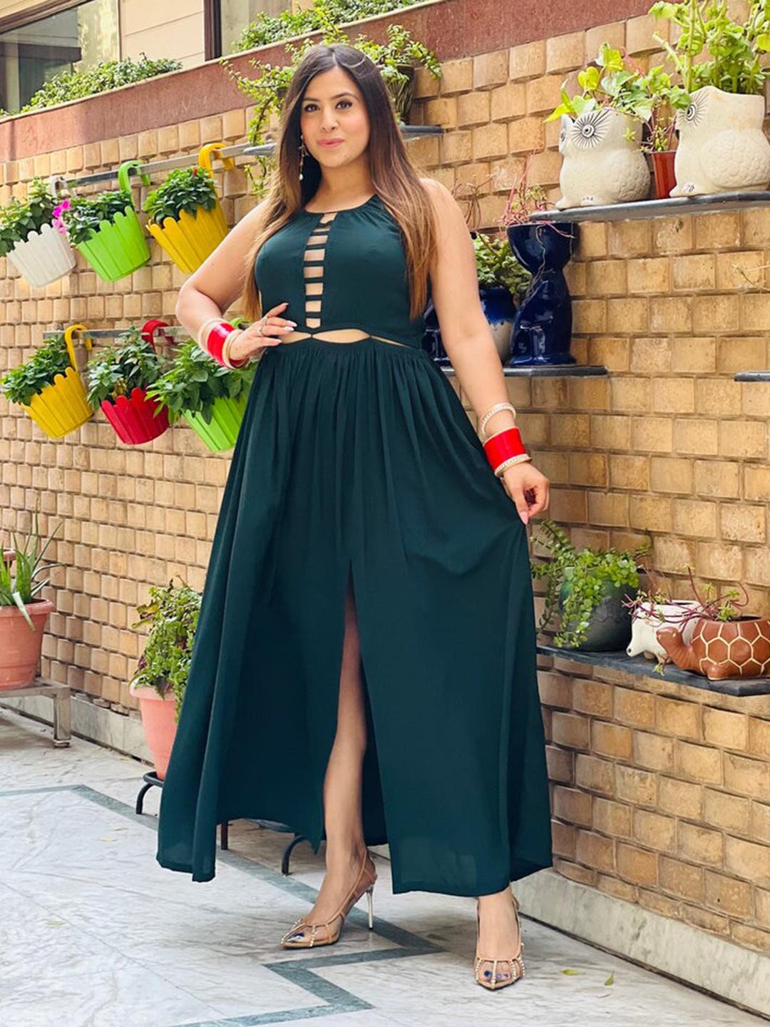 Buy LAKHINA COUTURE Sleeveless Cut Outs Detail Front Slit Georgette ...