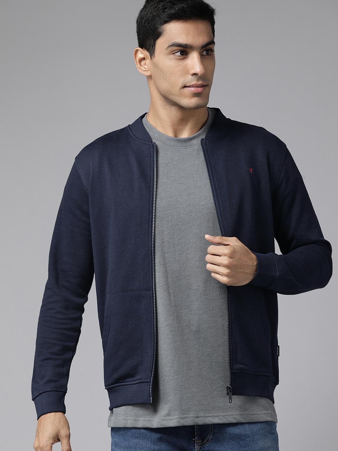 Buy Van Heusen Men Slim Fit Solid Stand Collar Front Open Sweatshirt ...