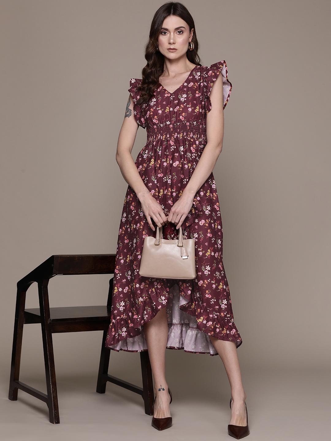 Buy Moda Rapido Smocked & Ruffled Floral Print Flutter Sleeve A Line ...