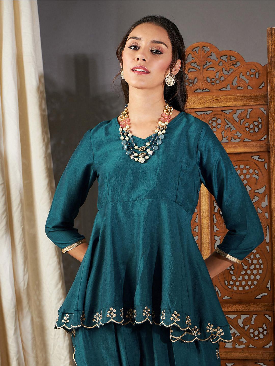 Buy Shae By SASSAFRAS Teal Green Embroidered V Neck A Line - Tops for ...