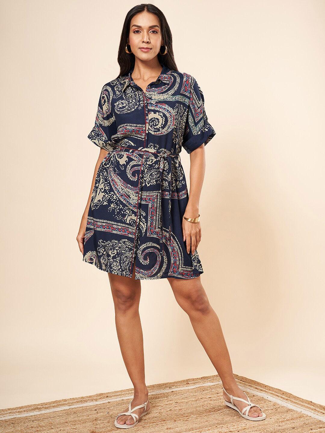 Buy Marigold Lane Ethnic Motifs Printed Extended Sleeves Gathered Shirt ...