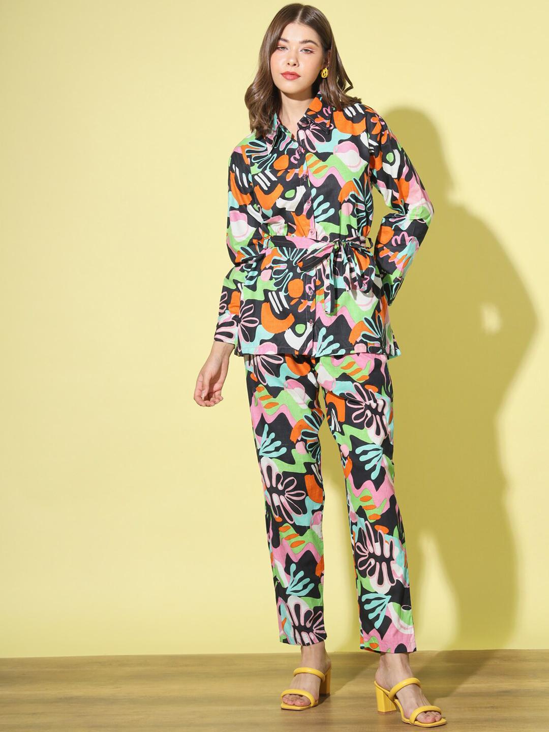 Buy SEPHANI Abstract Printed Pure Cotton Shirt With Trouser Co Ords ...