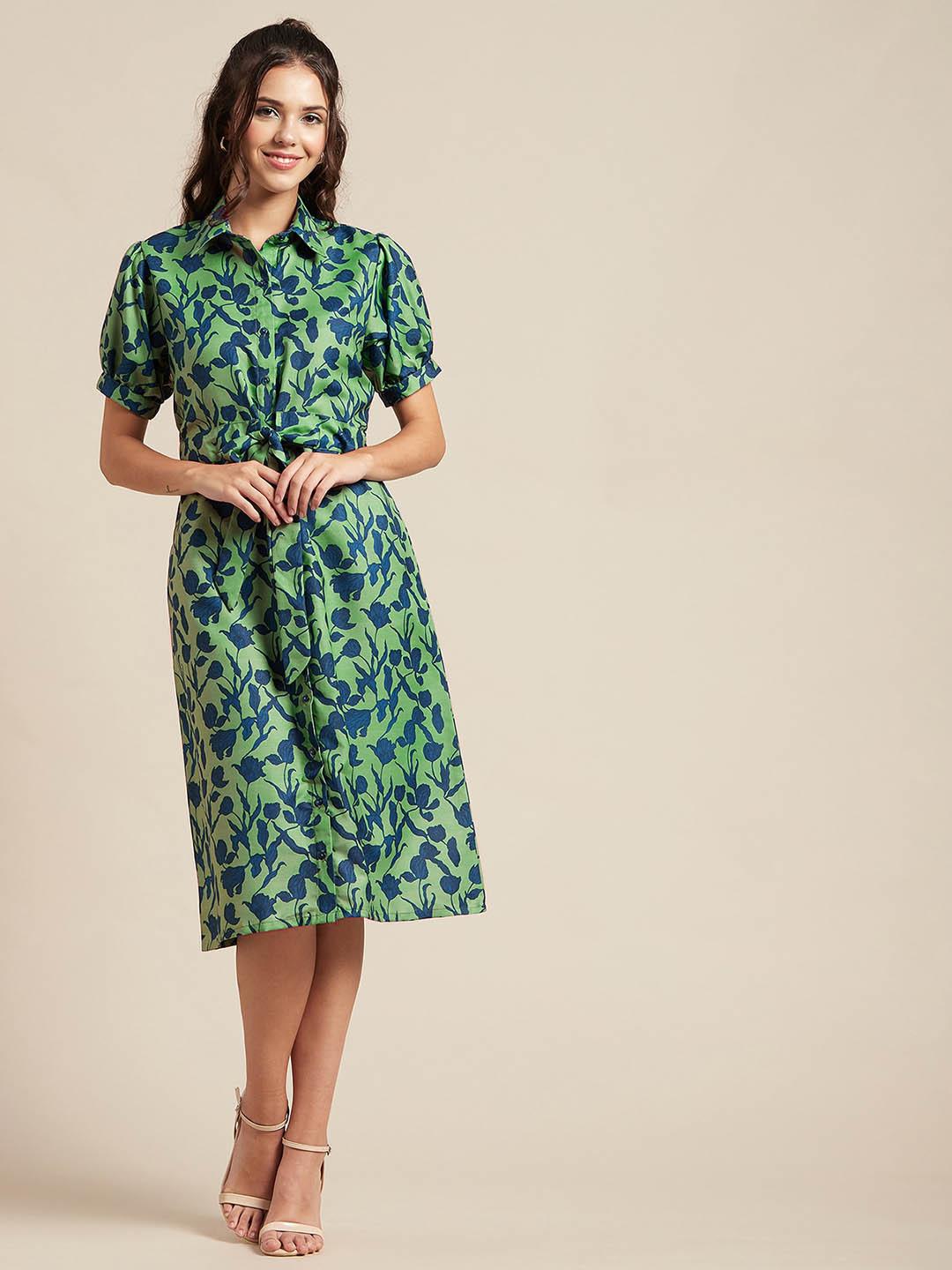 Buy Moomaya Floral Printed Waist Tie Ups Shirt Style Midi Dress ...