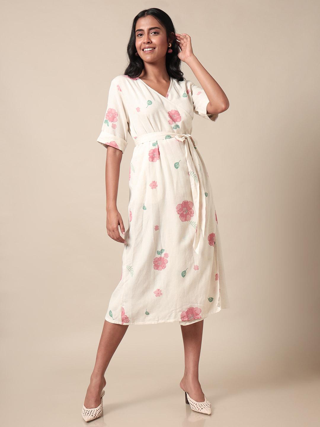 Buy Saaki Floral Printed V Neck Roll Up Sleeves Belted Cotton A Line ...