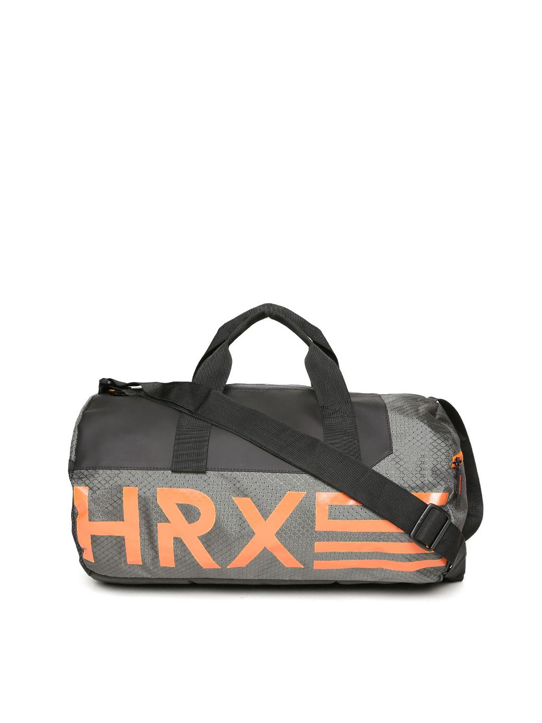 Buy HRX By Hritik Roshan Unisex Grey & Black Brand Logo Training Duffel ...