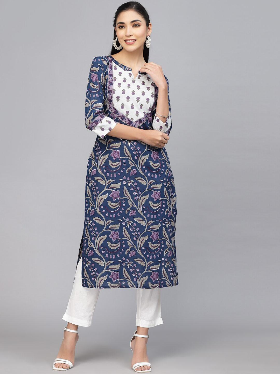 Buy LARGISH Ethnic Motifs Printed Cotton Indigo Straight Kurta - Kurtas ...