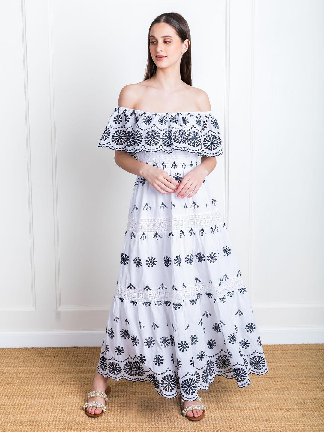 Buy ELEVEN.O.ONE Floral Embroidered Off Shoulder Cotton Maxi Dress ...