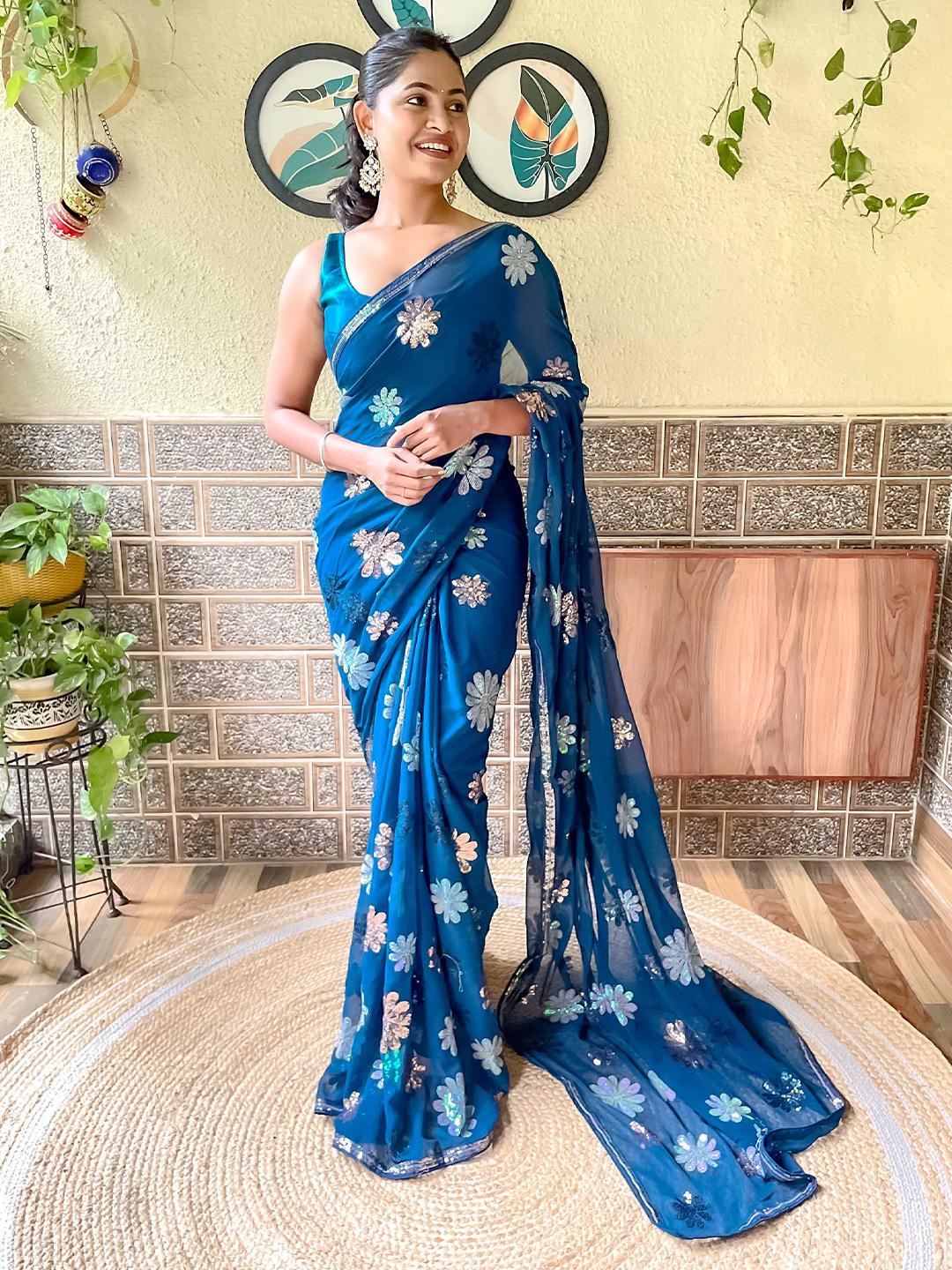 Buy Mitera Teal & Silver Toned Embellished Sequinned Saree - Sarees for ...