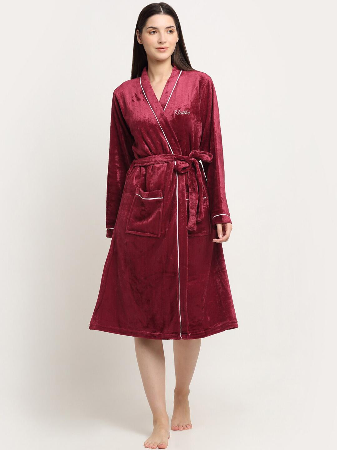 Buy KLOTTHE Red Solid Wool Drawstring Knee Length Bath Robe S - Bath ...