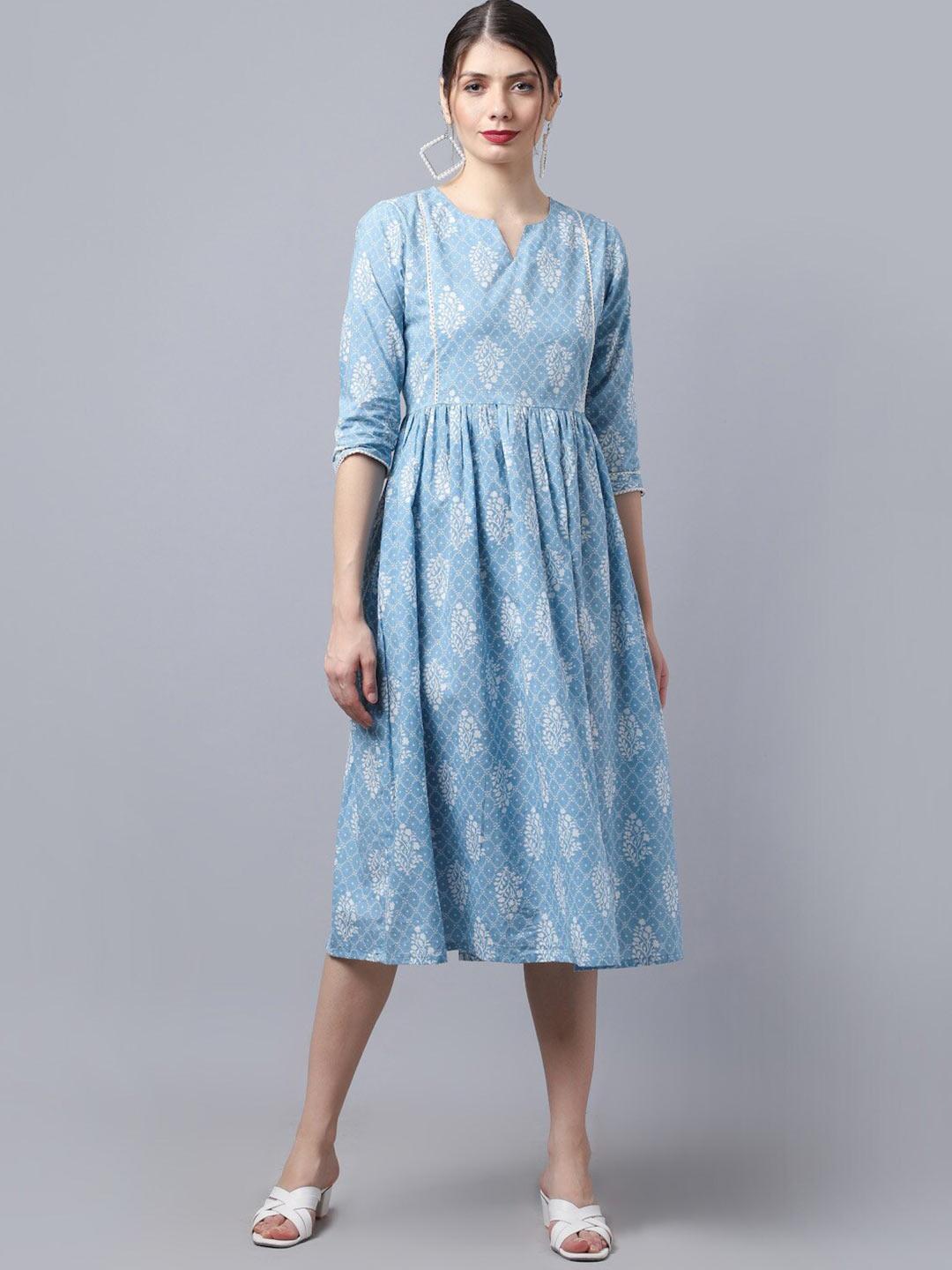 Buy LARGISH Floral Print Gathered Fit & Flare Pure Cotton Dress ...