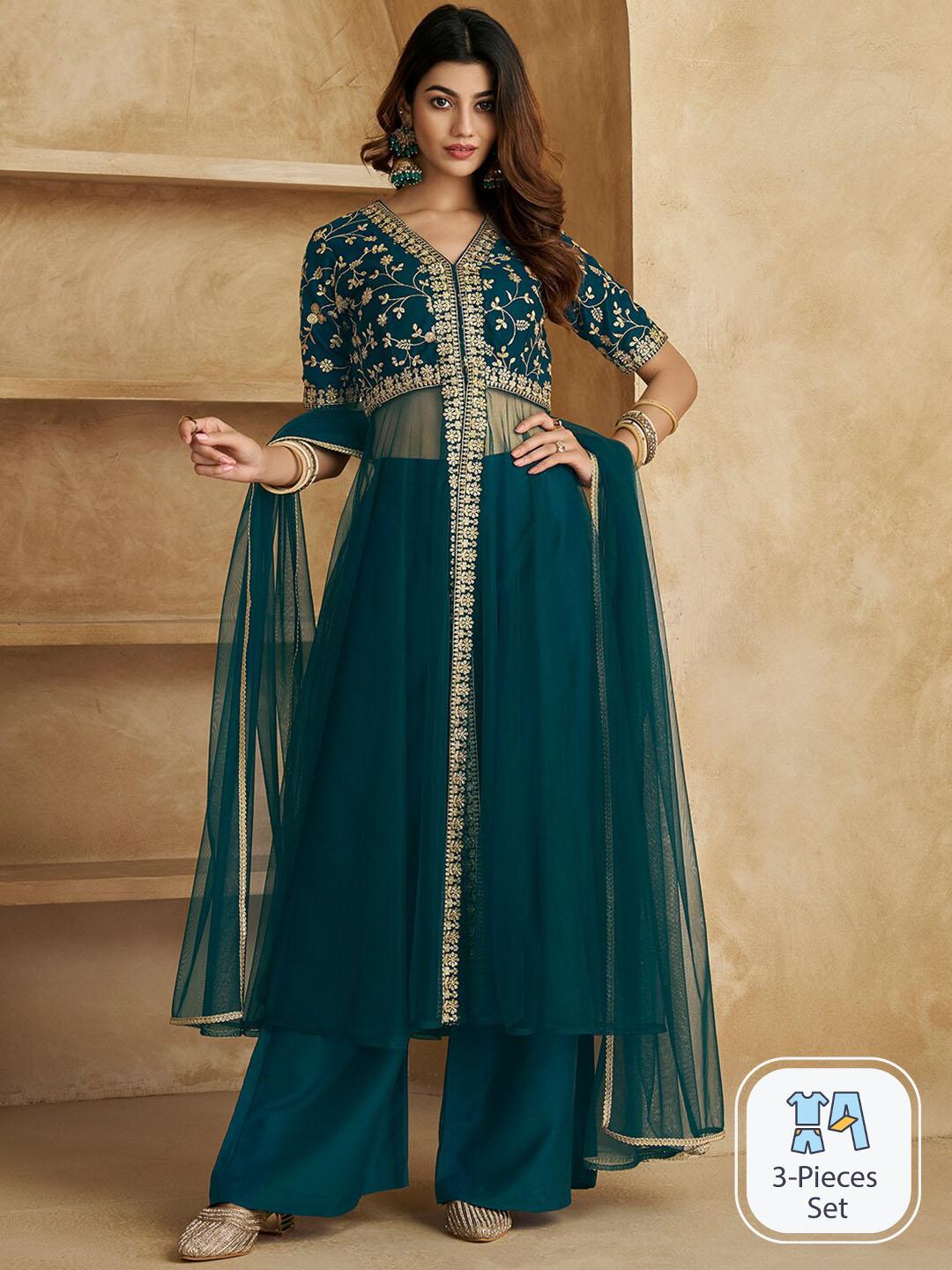 Buy Inddus Alina Cut Floral Embroidered High Slit Kurta With Palazzos ...