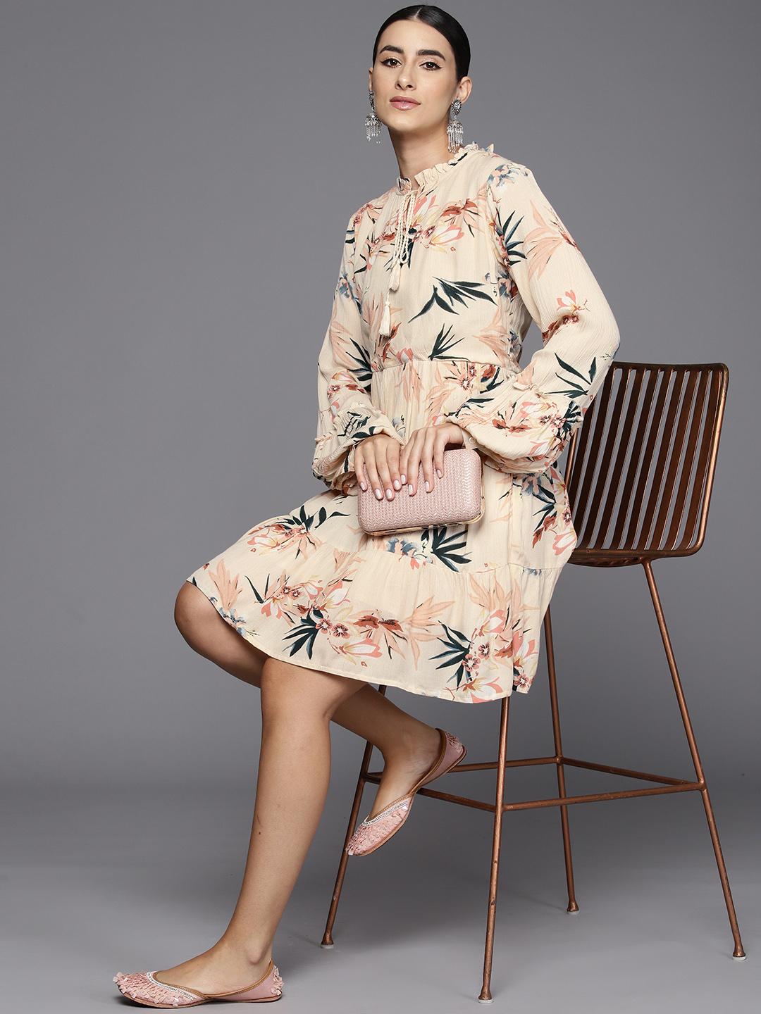 Buy Indo Era Tropical Print Tie Up Neck Puff Sleeve Layered A Line ...