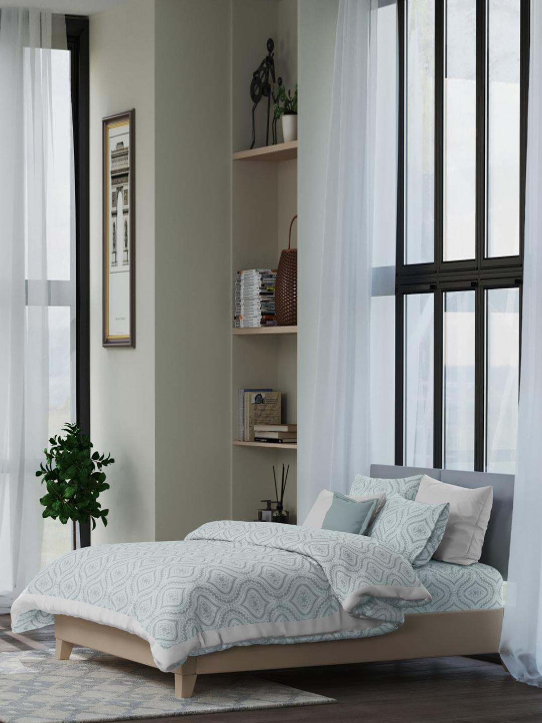 Buy LABHAM 7 Pcs Blue & White Printed Pure Cotton Double King Bedding ...