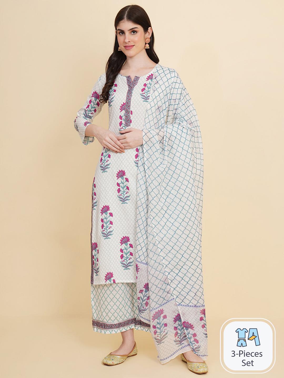 Buy Royal Export Floral Printed Kurta With Palazzos & Dupatta - Kurta ...