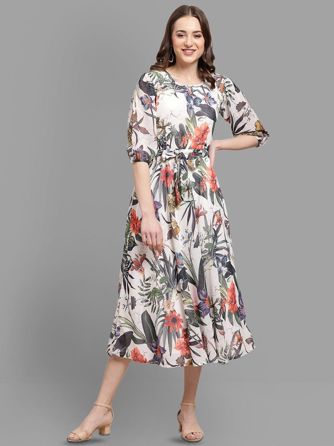 Buy Fabflee Keyhole Neck Floral Printed Puff Sleeve A Line Midi Dress ...